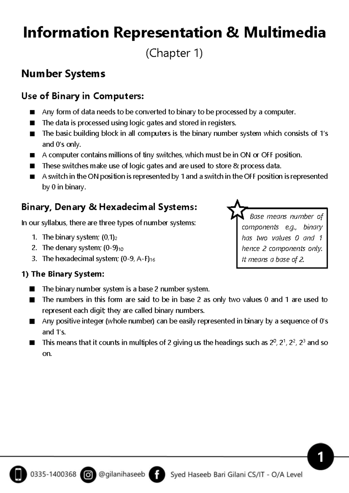 AS Chapter 1: Binary, Denary & Hexadecimal Systems Explained - Studocu