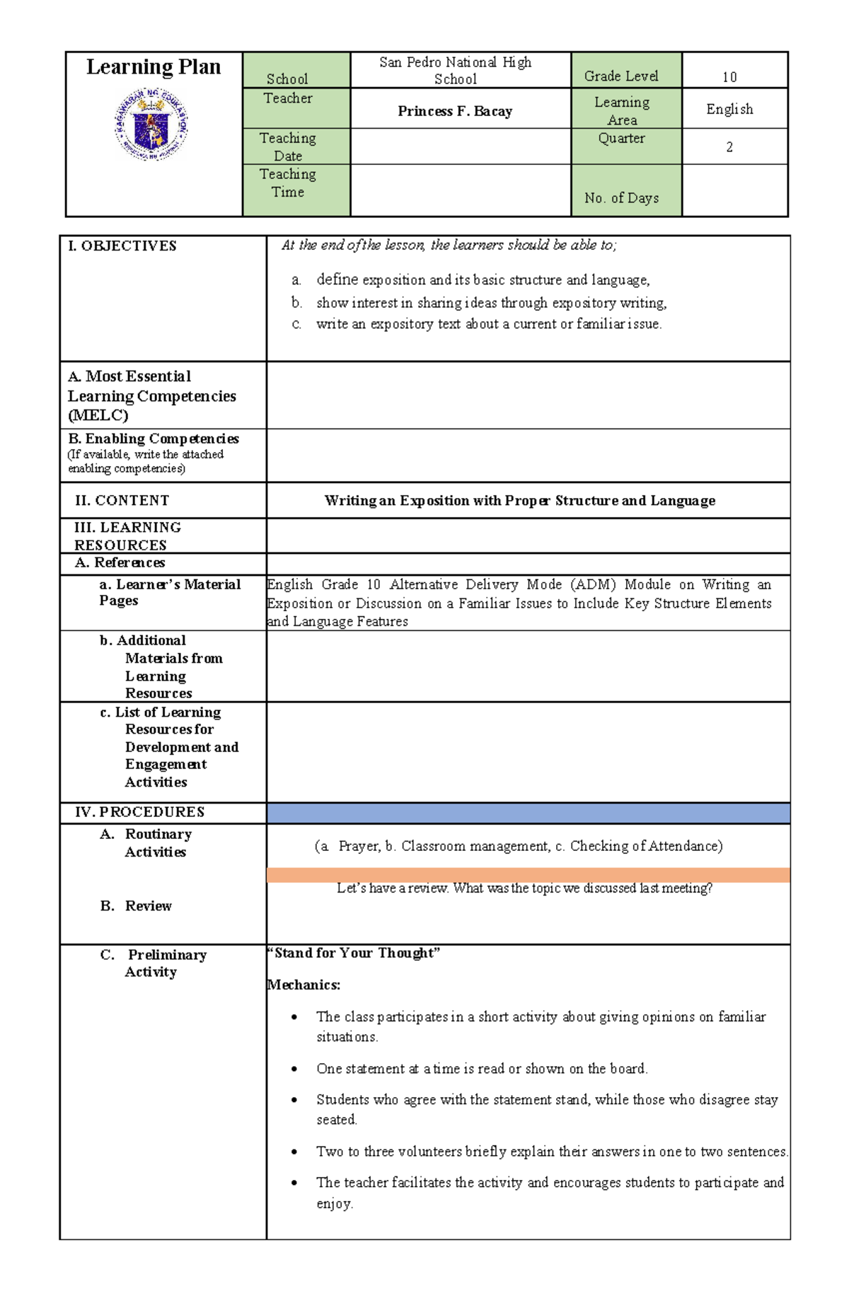 Grade 10 English Expository Writing Lesson Plan by Princess F. Bacay ...