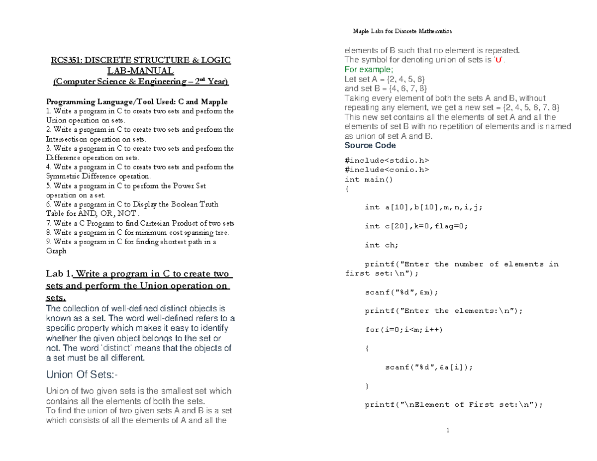 RCS351: Discrete Structure Lab Manual - C Programming Exercises - Studocu