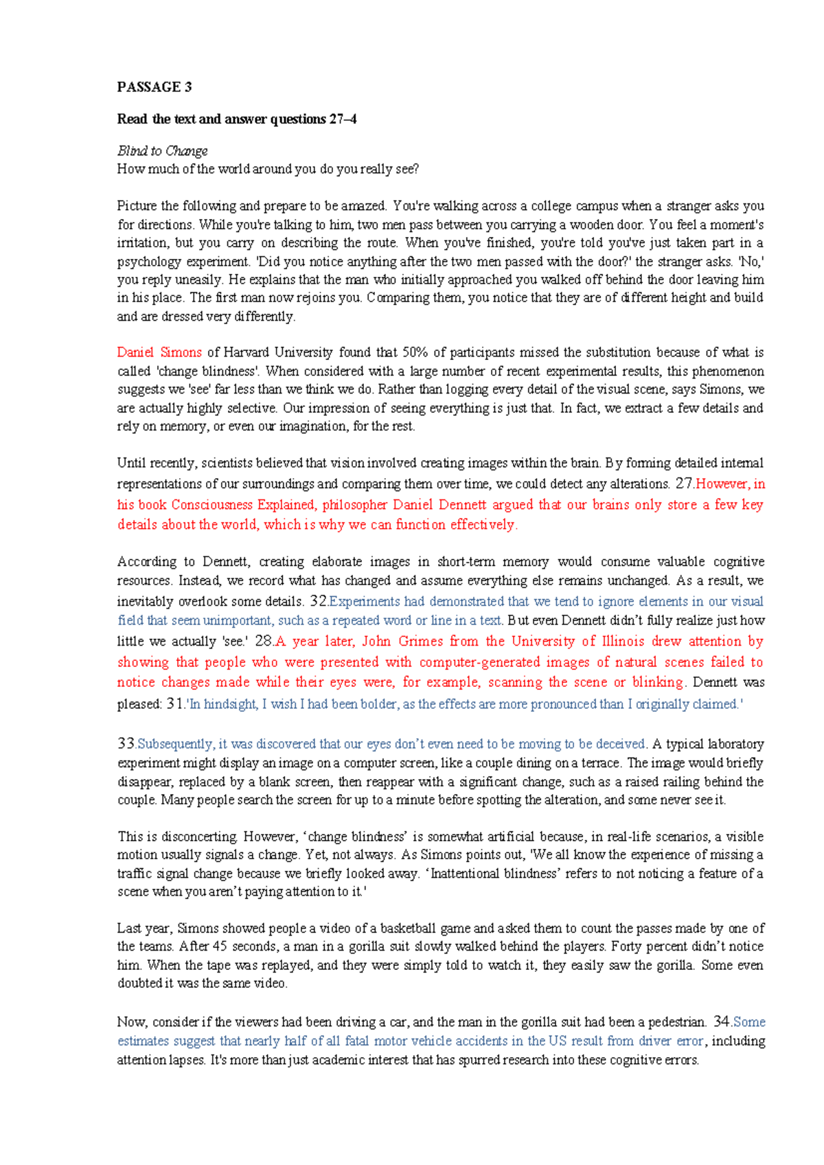 PASSAGE 3: Blind to Change - Understanding Visual Perception - Studocu