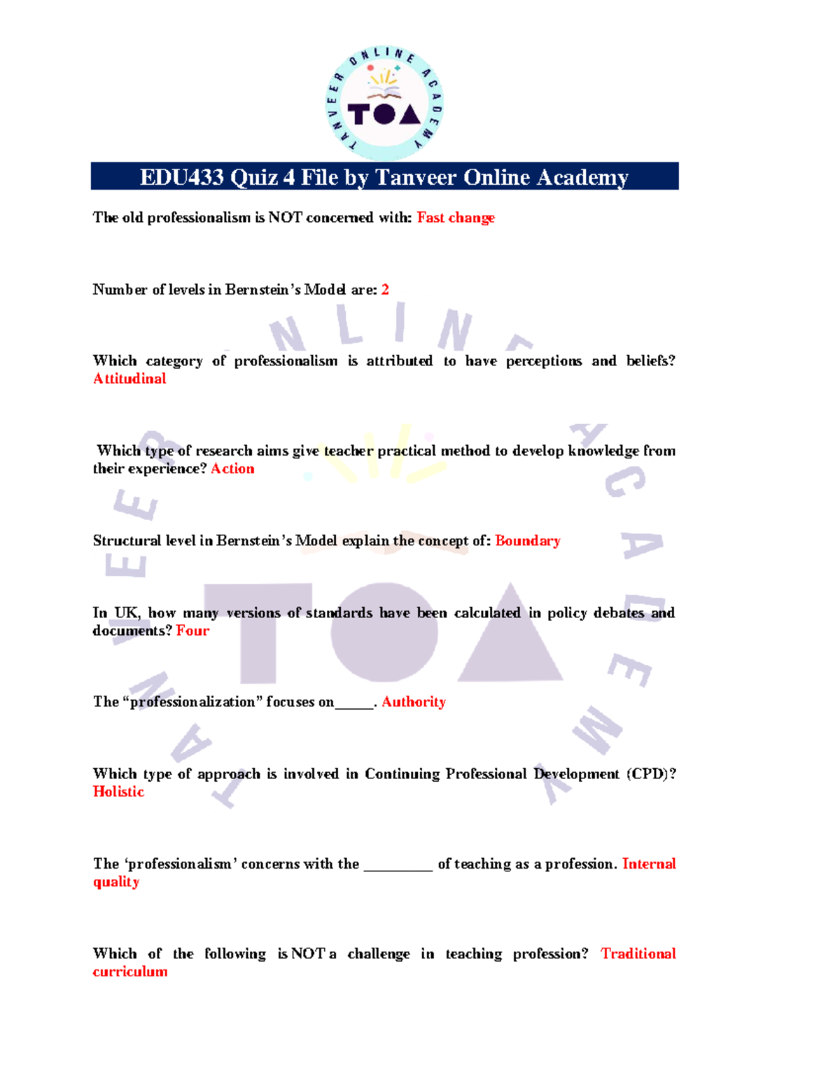 EDU433 Quiz 4: Professionalism and Teaching Challenges - Studocu