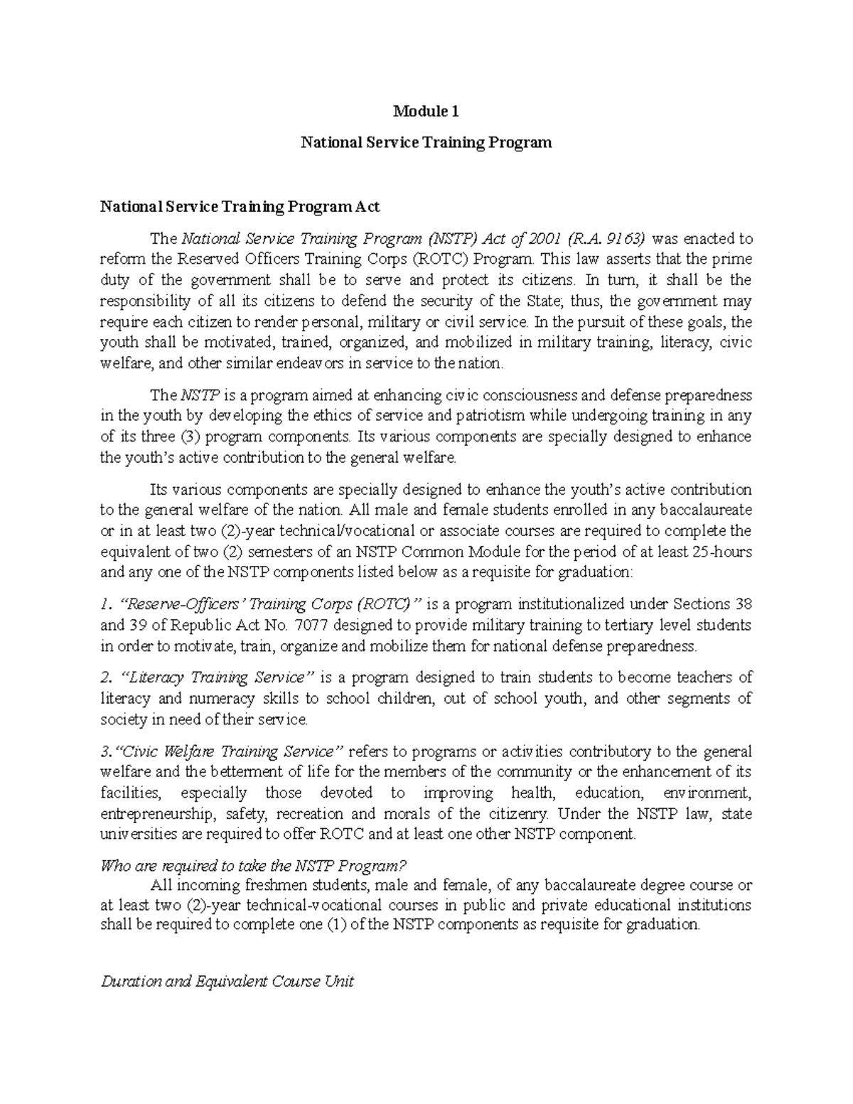 NSTP-Module-1 - This file includes the meaning of the nstp - Module 1 National Service Training ...