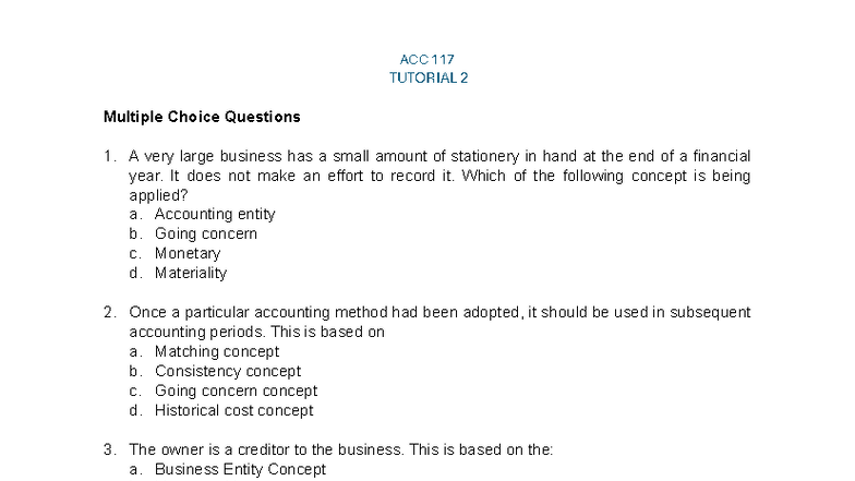 ACC 117 TUTORIAL 2 MCQs and True/False Questions - Studocu