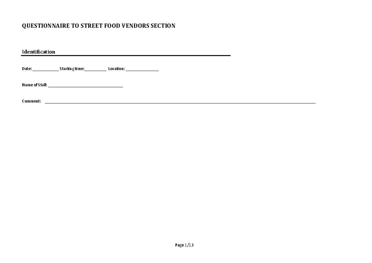 Questionnaire Status-Survey for student - QUESTIONNAIRE TO STREET FOOD ...