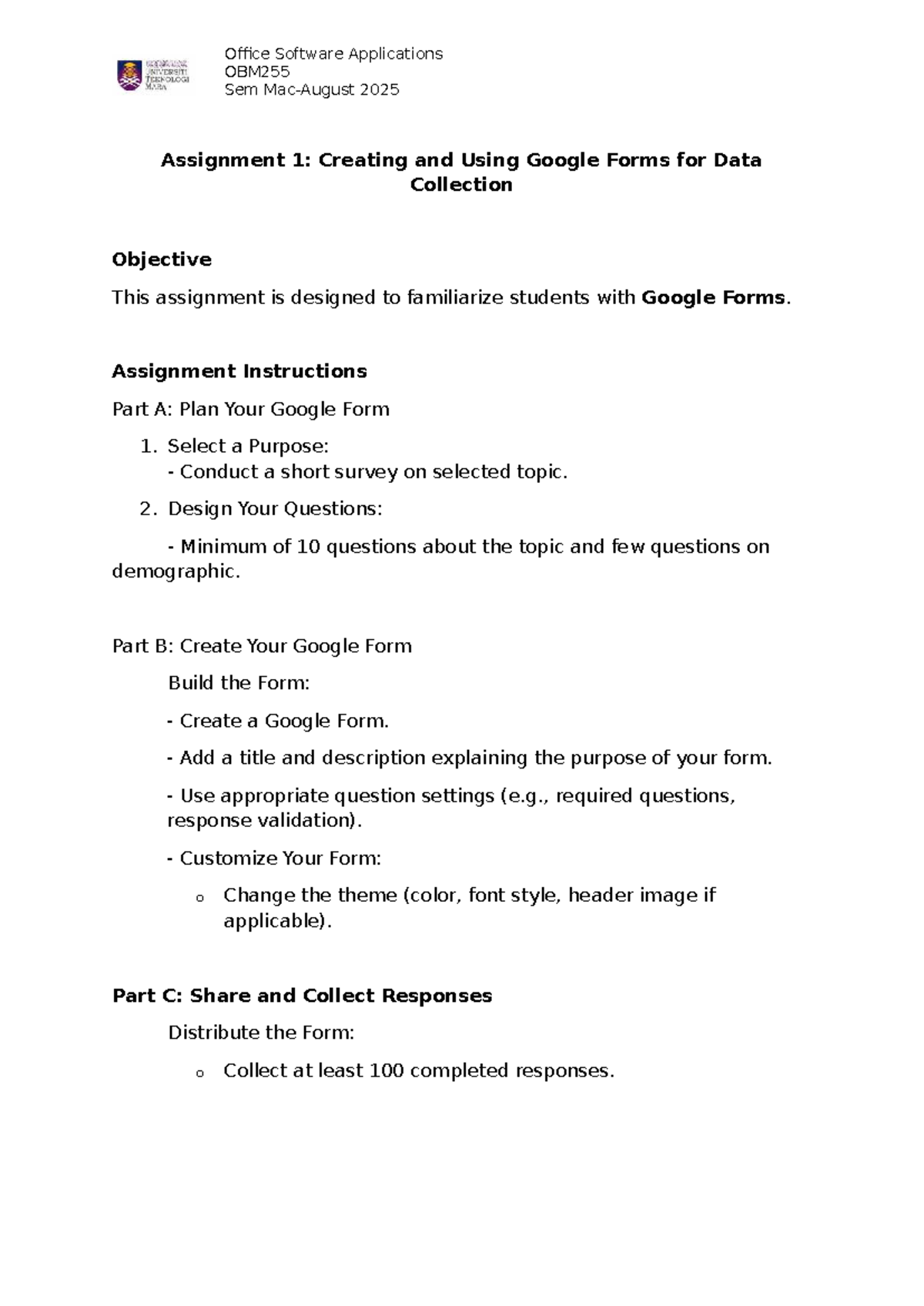 OBM255 Sem 2025 Assignment 1: Google Forms for Data Collection Guide ...