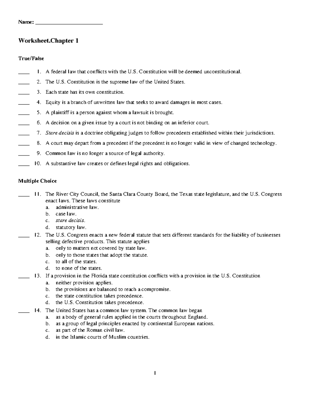 Legal Concepts and Case Law Review Worksheet: Chapter 1 Exam - Studocu