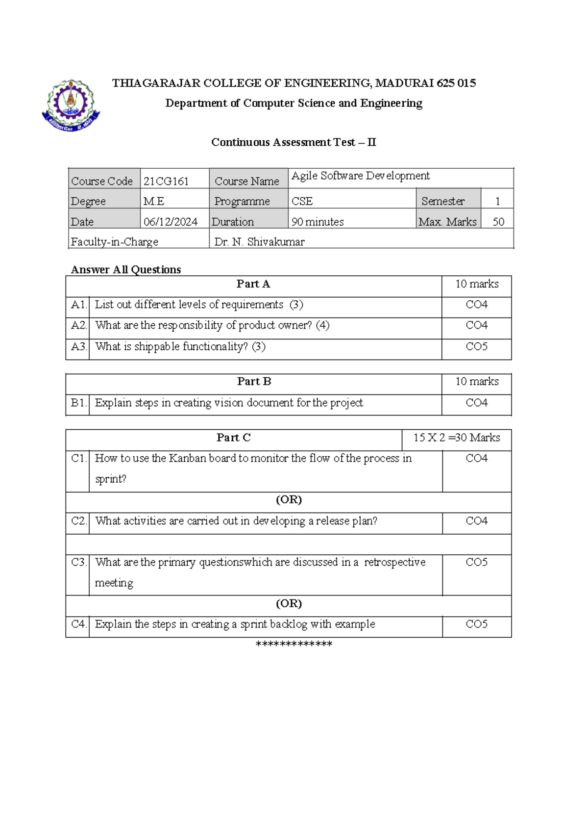 Cat 2 - asdfhjkl;wfghjk - THIAGARAJAR COLLEGE OF ENGINEERING, MADURAI ...