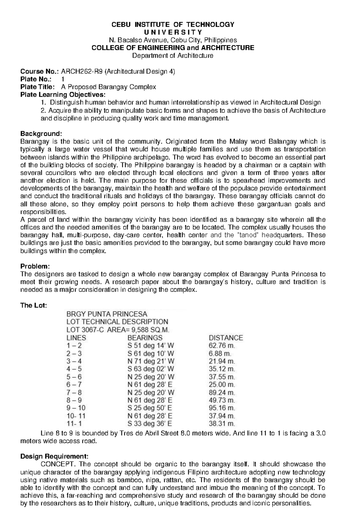 ARCH 262 - Proposed Design for Barangay Complex in Punta Princesa - Studocu