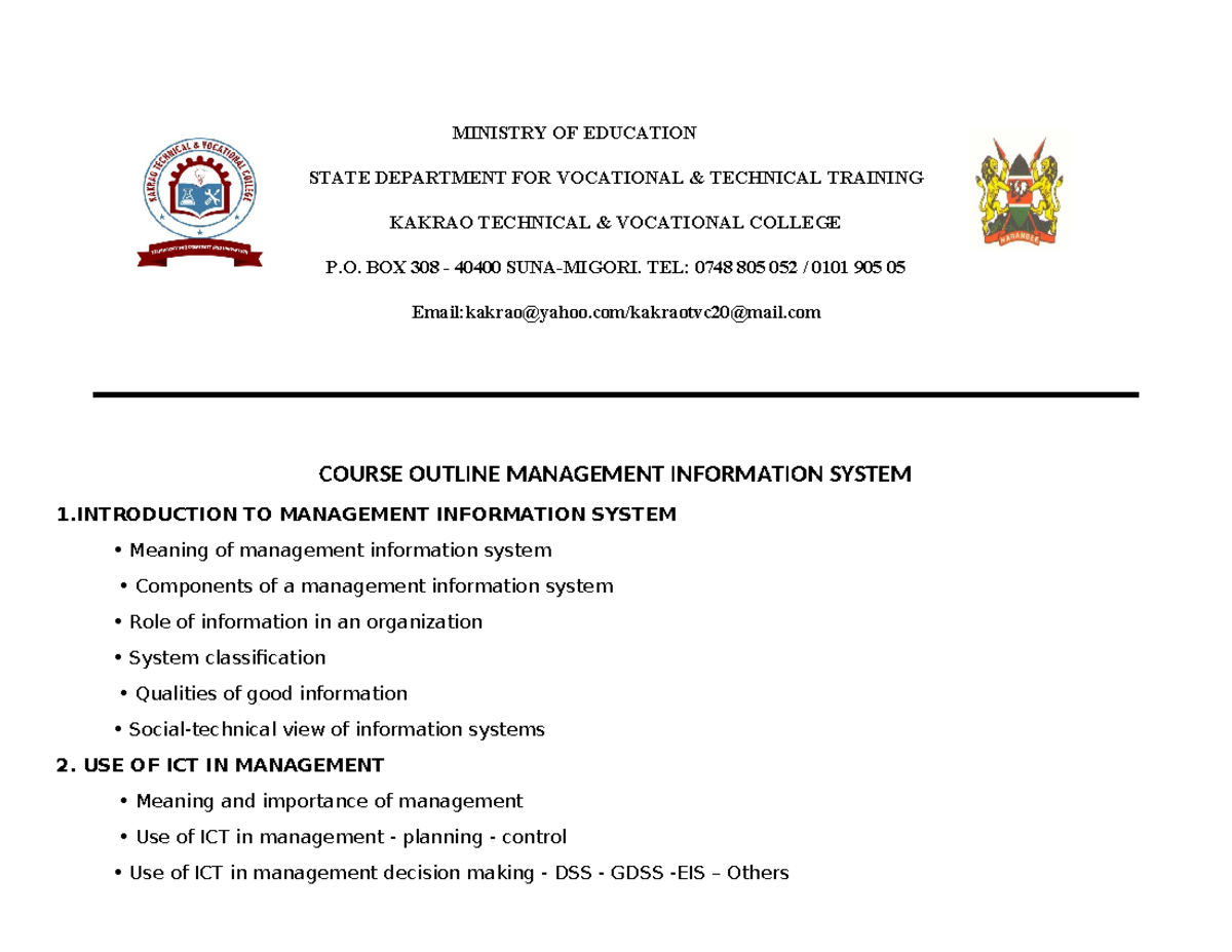 Scheme of Work for Management Information Systems (DICT 23M) - Studocu