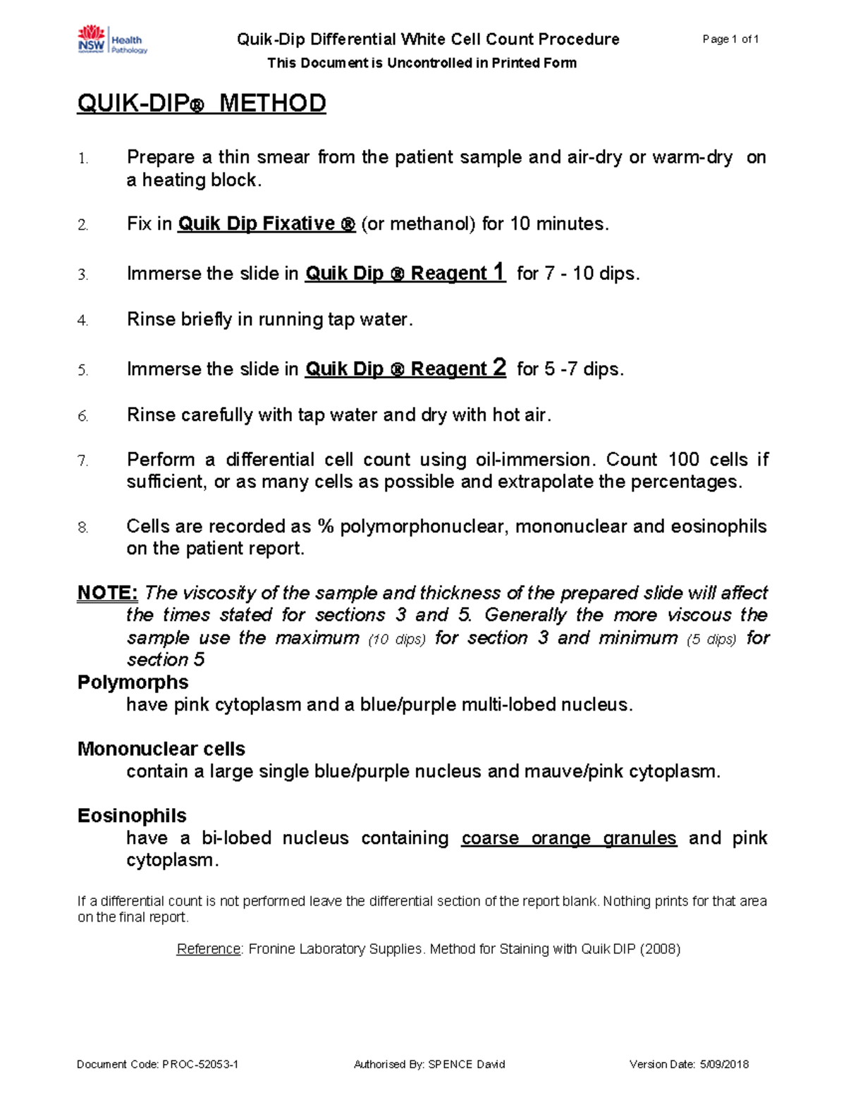 Uncontrolled PROC-52053-1 differential cell count procedure - Quik-Dip ...