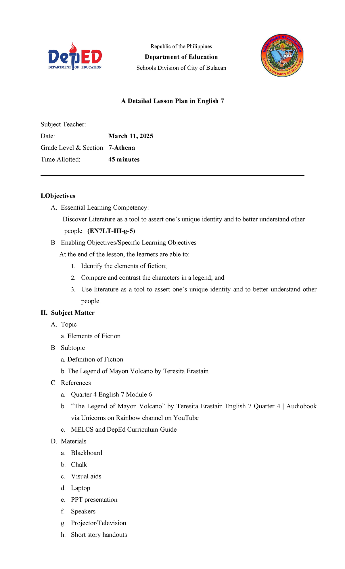 Detailed Lesson Plan - Essential Learning Competency: Discover ...