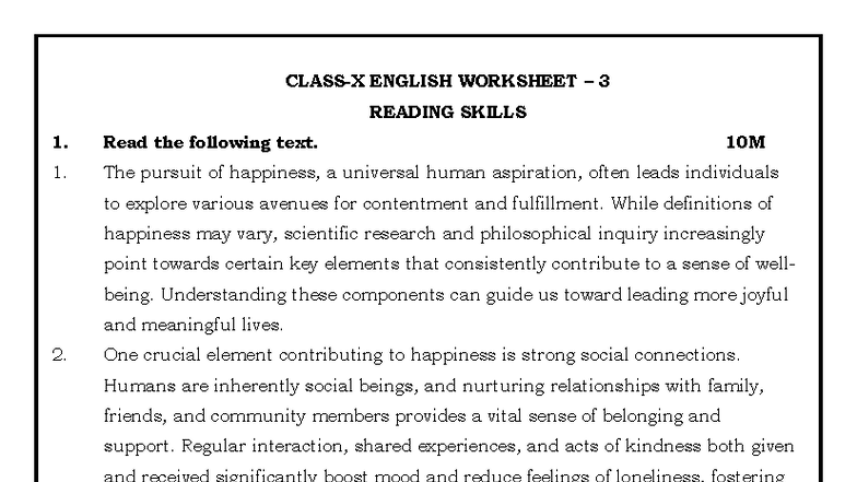 English Worksheet-3: Reading Skills & Comprehension for Class 10 - Studocu