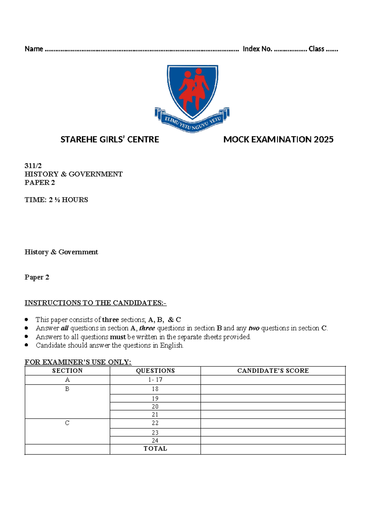 HIST 2025 Mock Exam Paper 2 - Starehe Centre - Studocu
