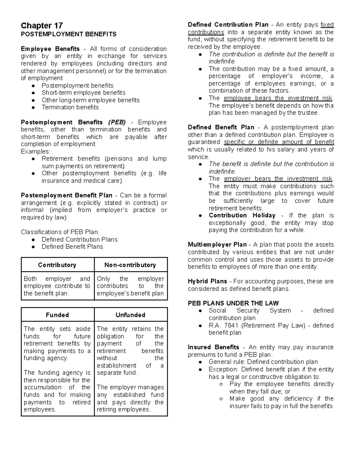 Chapter 17: Employee Benefits & Postemployment Plans Overview - Studocu