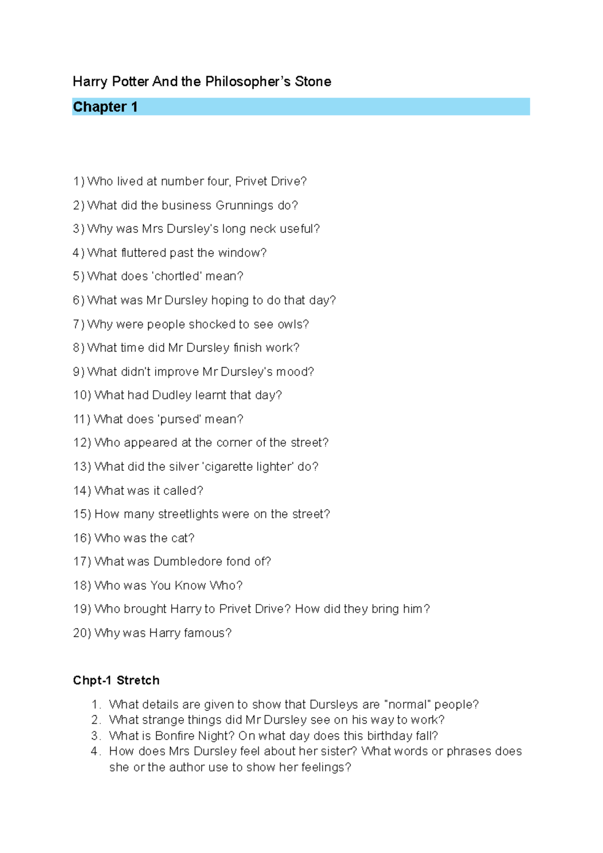 Harry Potter and the Philosopher's Stone: Chapter 1 Q&A Guide - Studocu