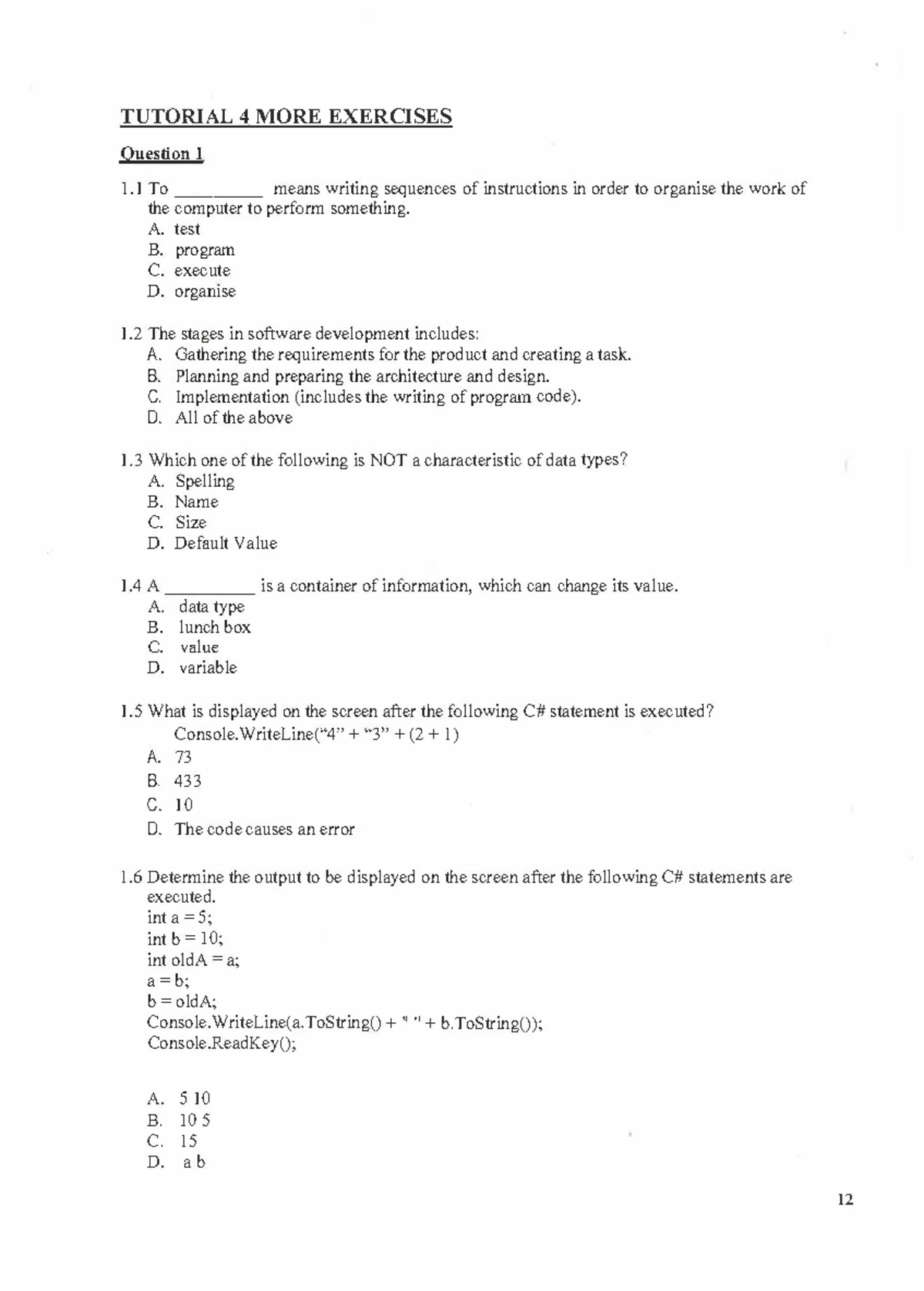 Tutorial 4: More Exercises on C# Programming - Studocu