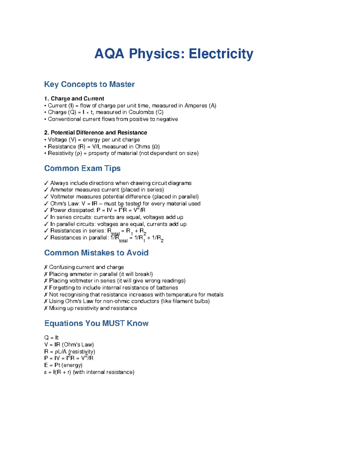 AQA Physics: Electricity Exam Tips & Key Concepts to Master - Studocu