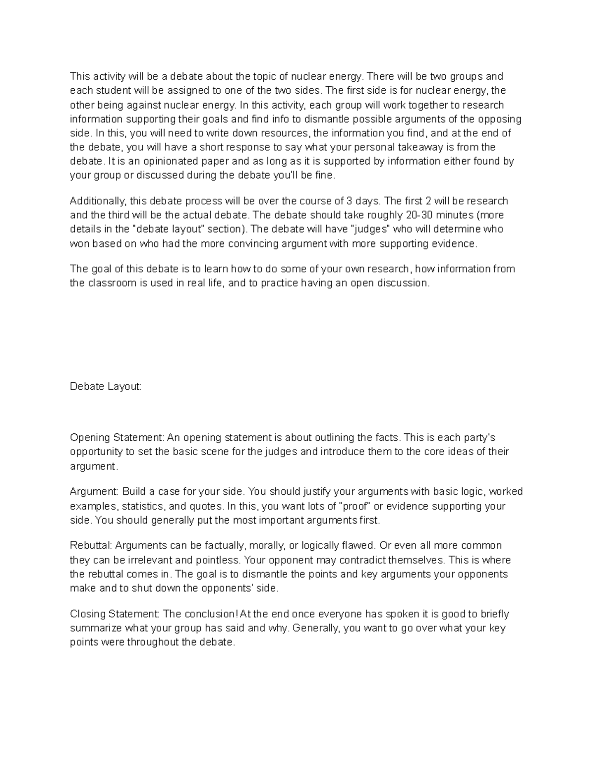 Nuclear Power Debate Instructions for english - This activity will be a ...