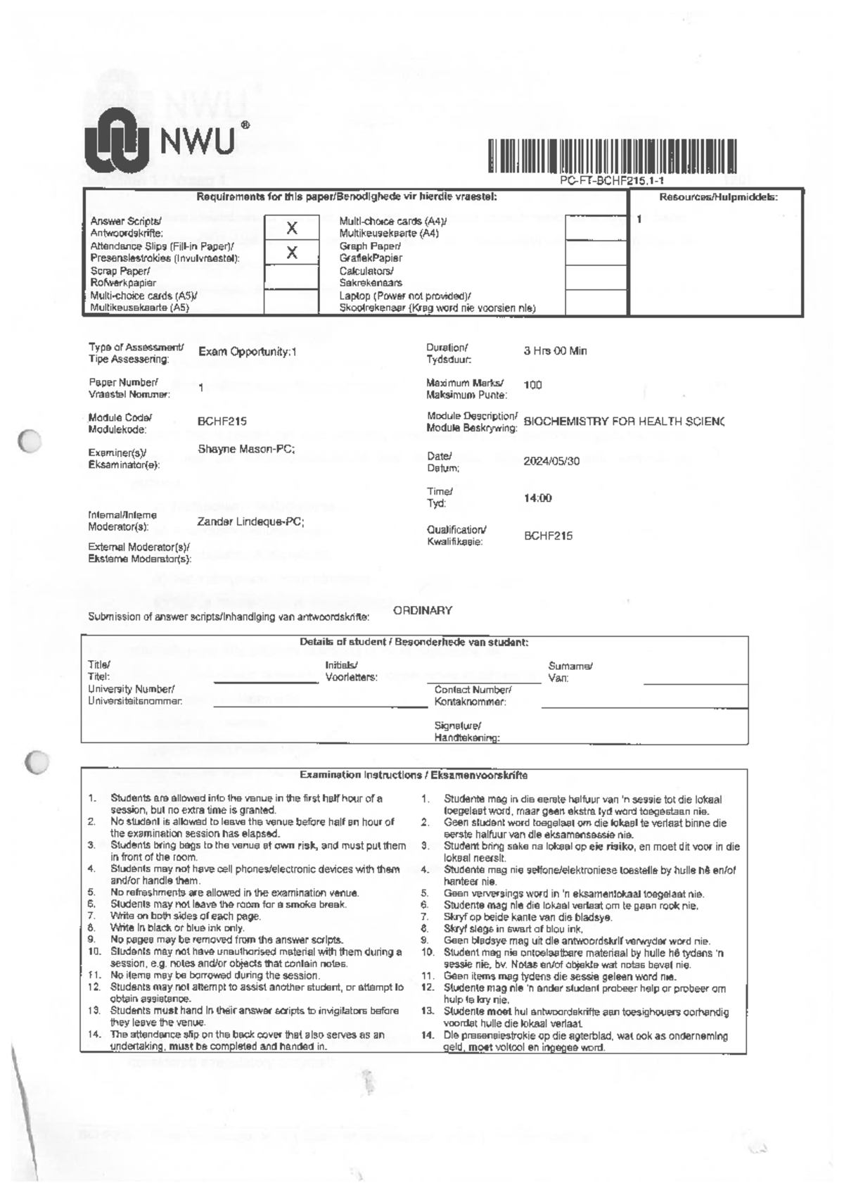 BCHF215: 2024 Exam Practice Paper for Biochemistry Students - Studocu