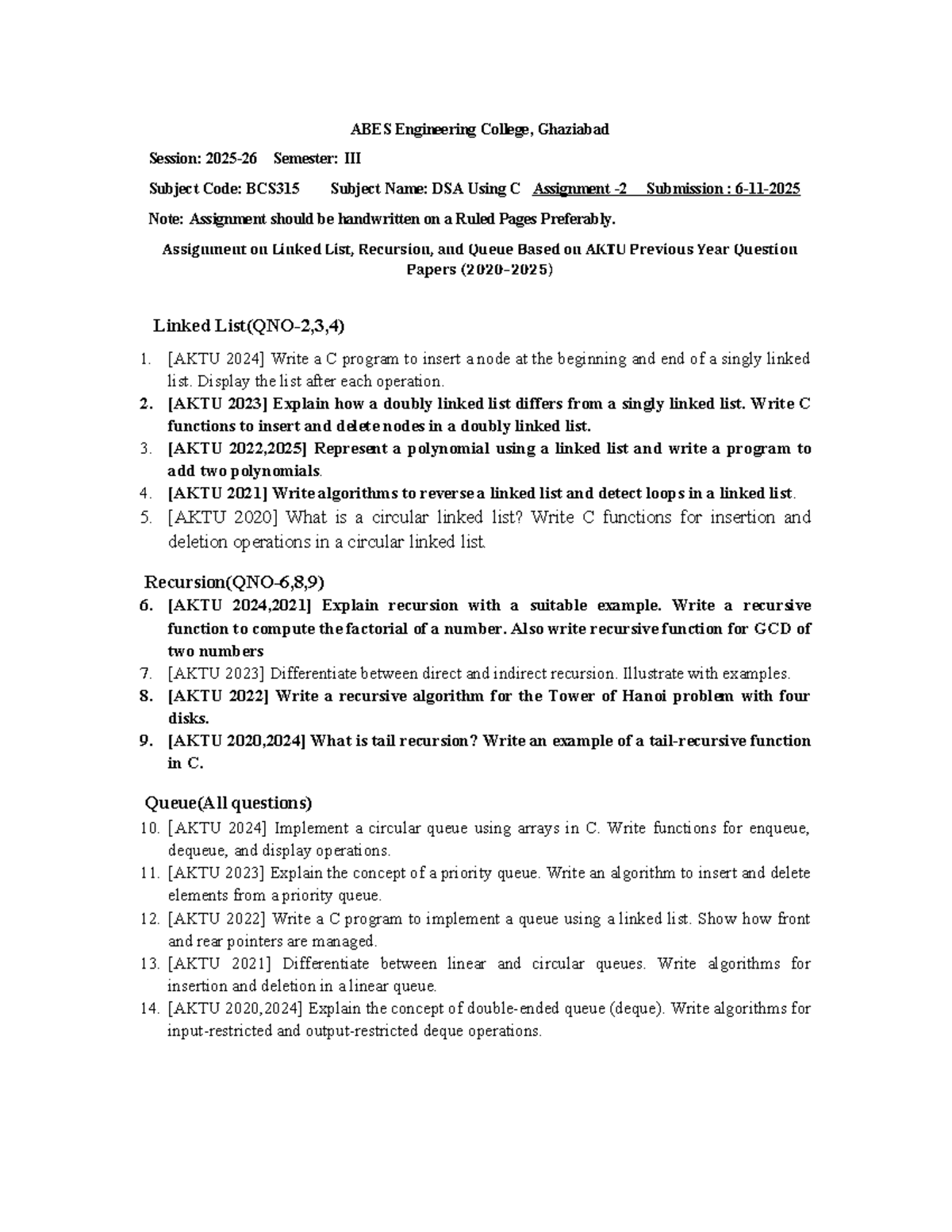 BCS315 DSA Assignment 2: Linked Lists, Recursion & Queues - Studocu