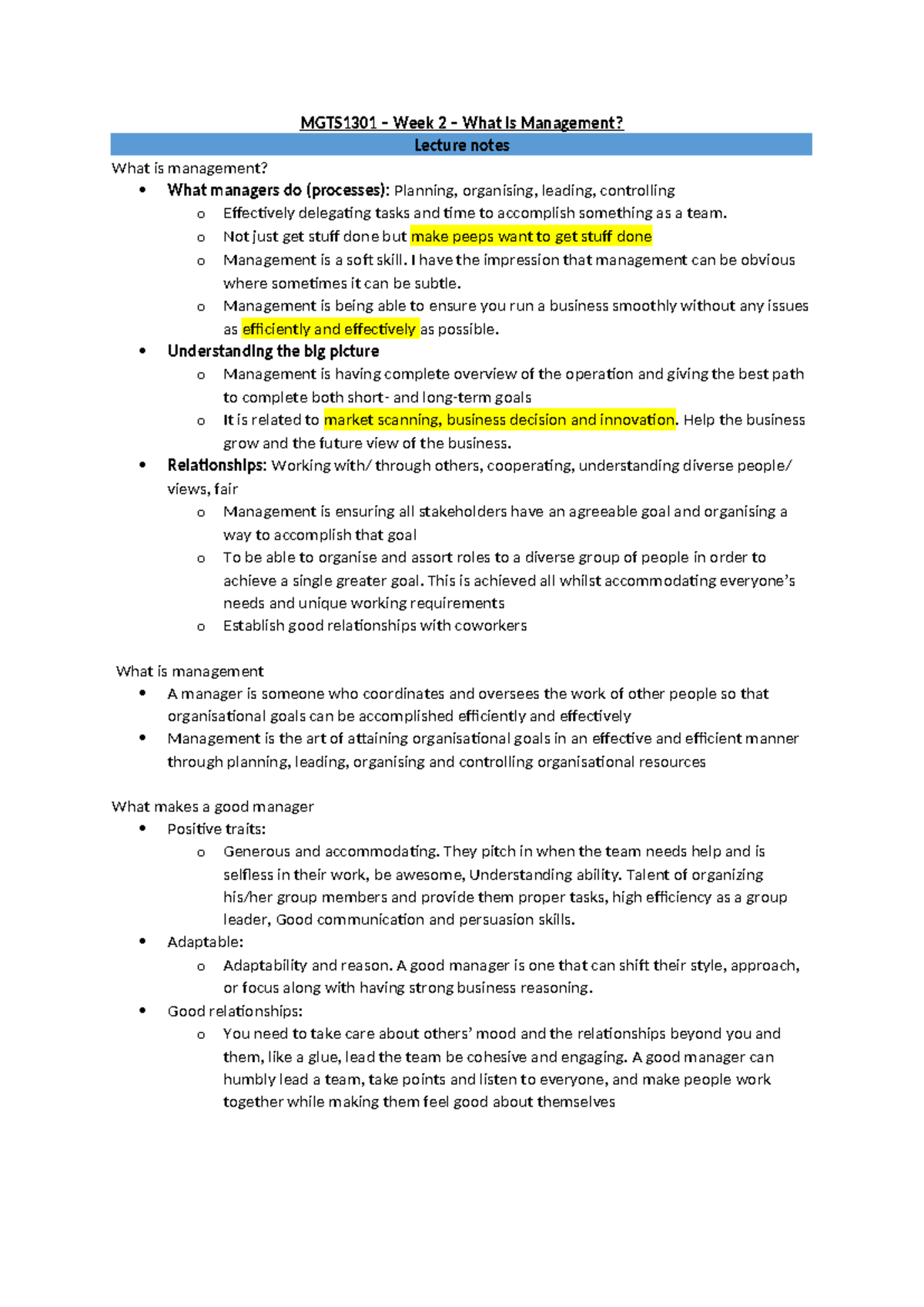 MGTS1301 - Week 2 Lecture Notes: Understanding Management Concepts ...