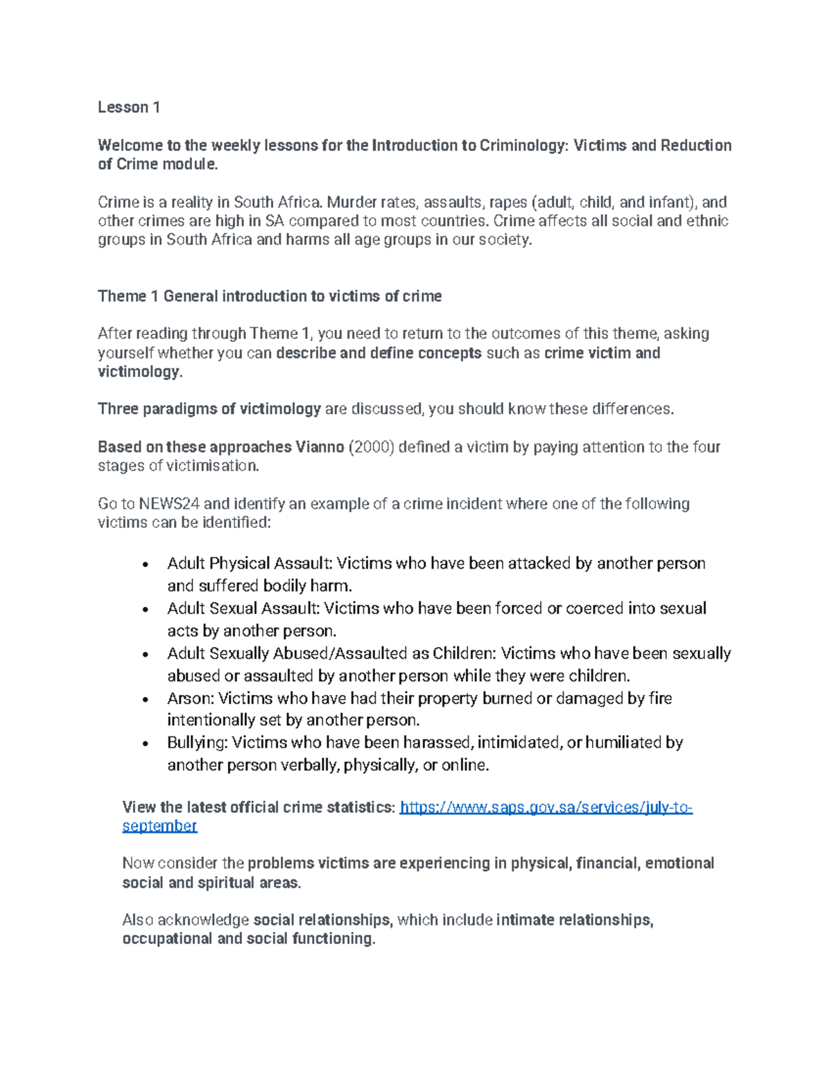 CMY1502 Lesson 1: Introduction to Criminology, Victims, and Crime ...