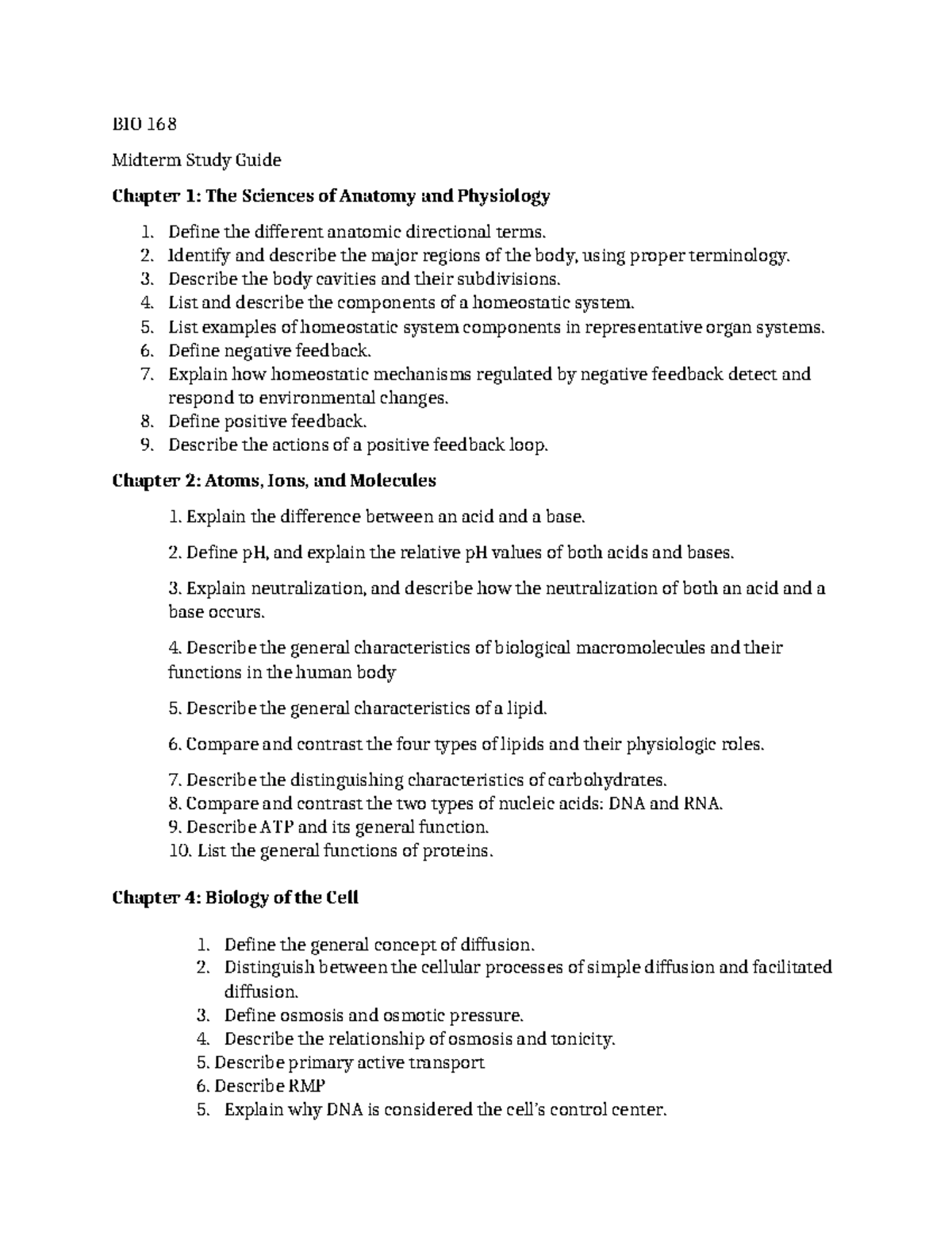 BIO 168 Midterm Study Guide: Key Concepts in Anatomy & Physiology - Studocu
