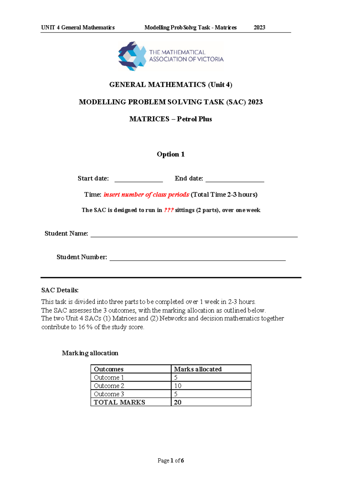 2023 Unit 4 General Math SAC - Matrices & Transition Analysis - Studocu