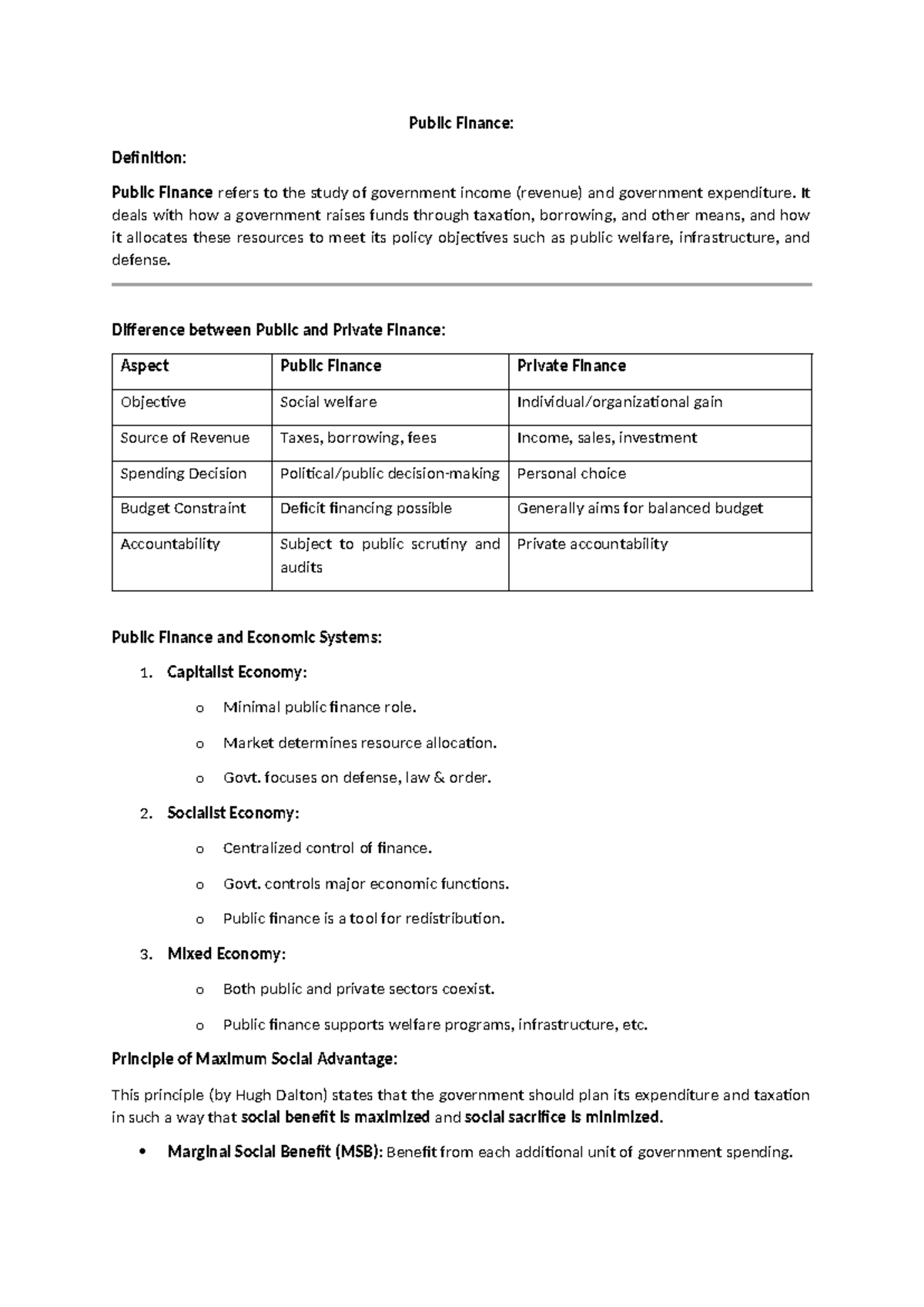 Public Finance: Key Concepts and Economic Systems Overview - Studocu