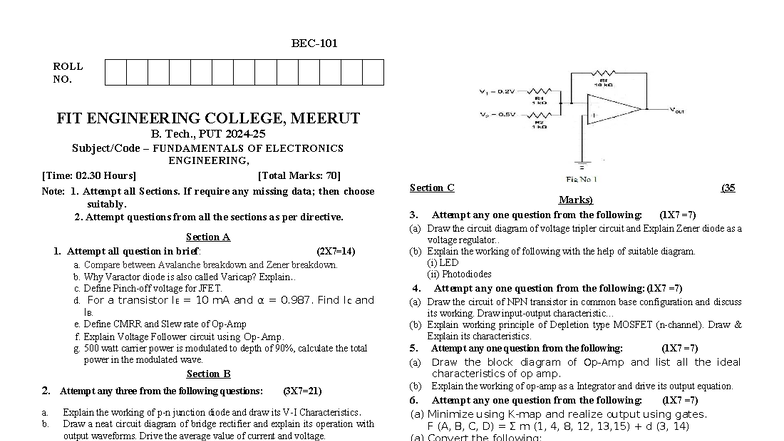B. Tech. PUT Fundamentals of Electronics Engineering Exam Paper - Studocu