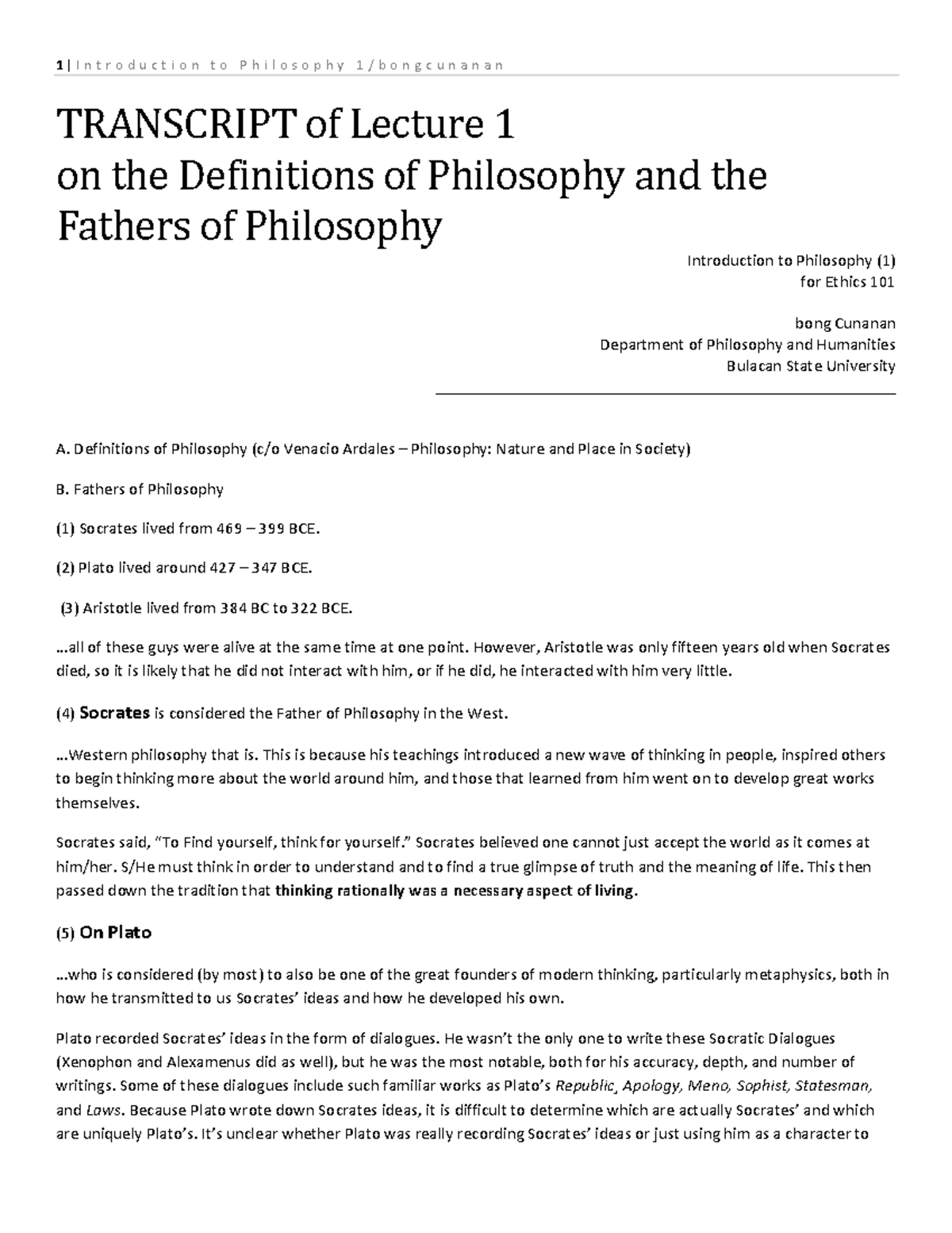 Lecture 1 Transcript: Introduction to Philosophy & Its Founders (Ethics 101) - Studocu