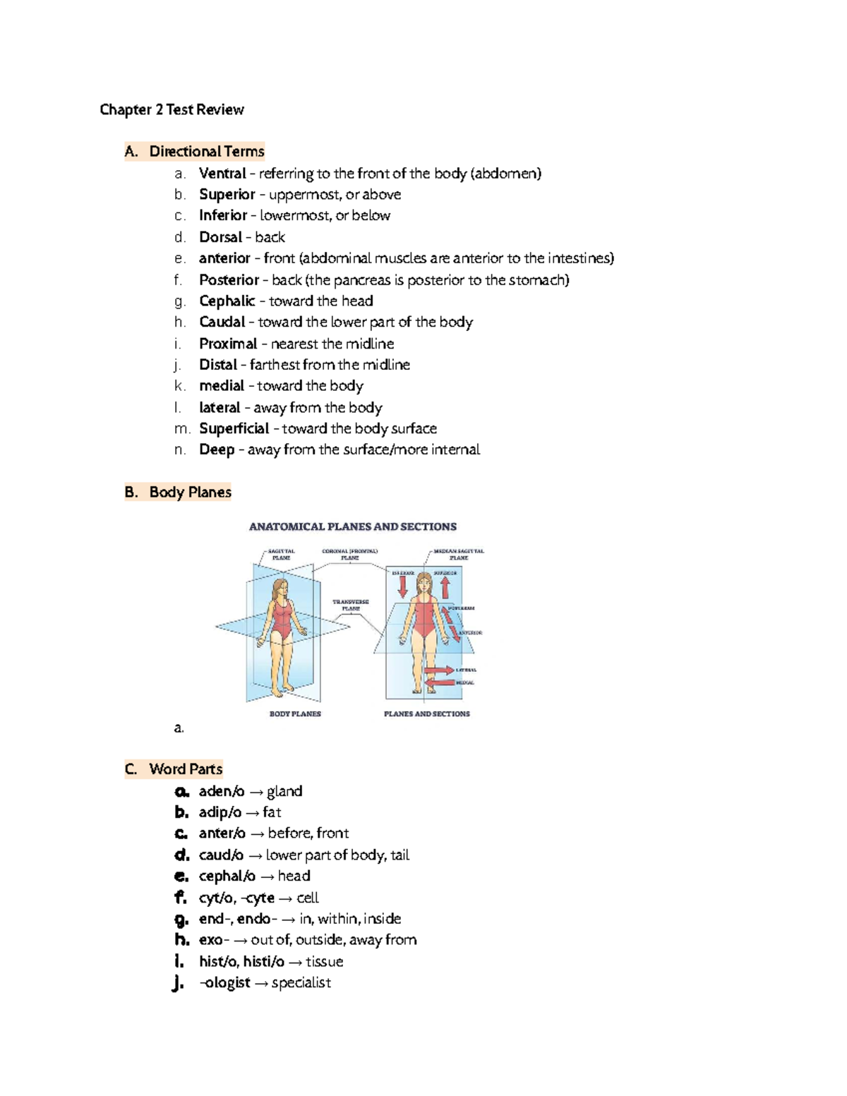 CH 2 Test Review: Directional Terms & Body Cavities - Allied Health ...