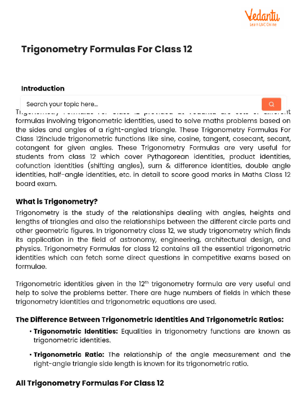 Trigonometry Formulas for Class 12: Essential Identities & Applications - Studocu
