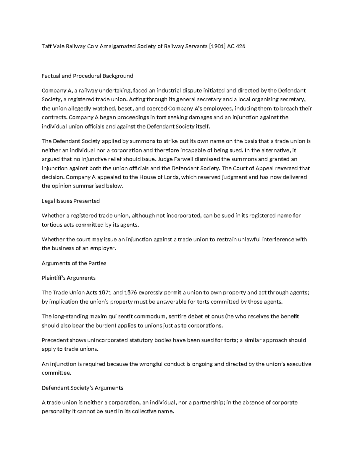 Taff Vale Railway Co v Amalgamated Society of Railway Servants AC 426 ...