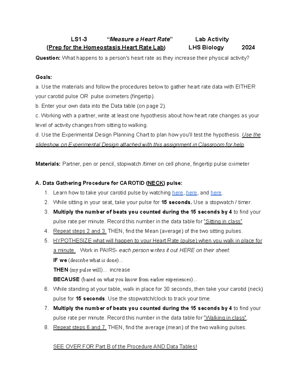 AB Measure a Heart Rate Lab Activity with Experimental Design LHS 2024 ...