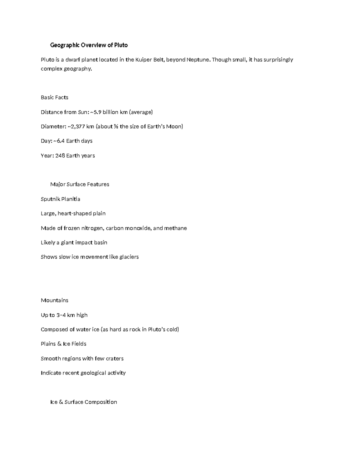 Geographic Overview of Pluto: A Dwarf Planet in the Kuiper Belt - Studocu