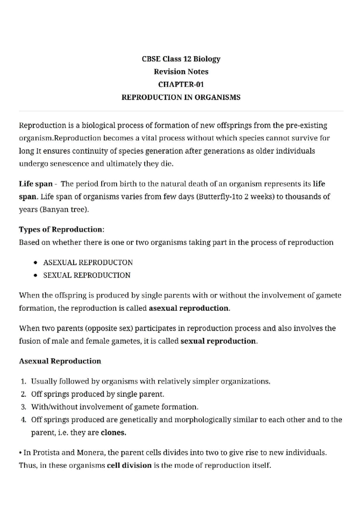 CBSE Class 12 Biology Revision Notes: Reproduction in Organisms - Studocu