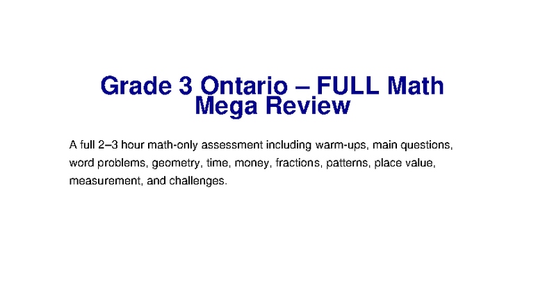 Grade 3 Ontario Math Mega Review: Comprehensive Assessment Guide - Studocu