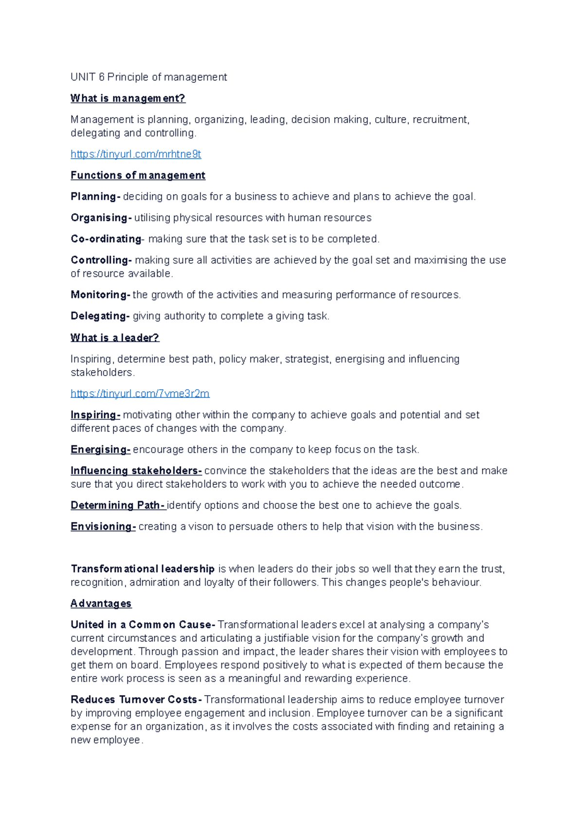 UNIT 6 Management Principles: Functions & Leadership Insights - Studocu