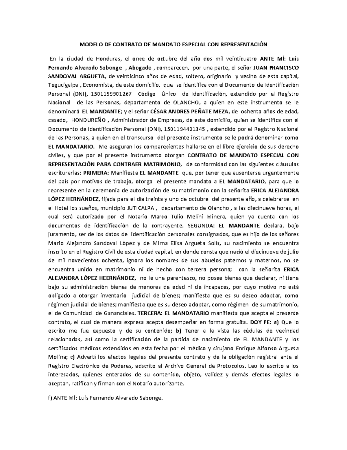 Modelo de Contrato de Mandato Especial con Representación para ...