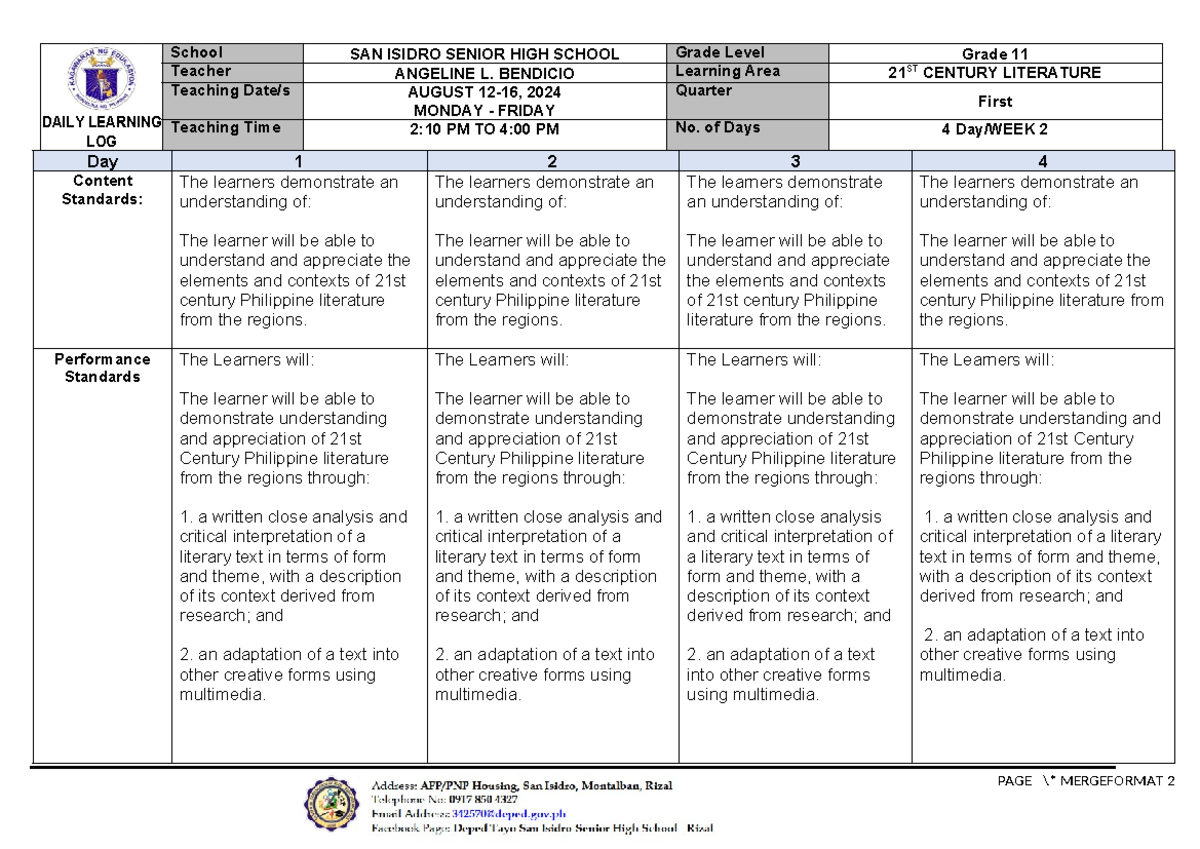 DLL- 21st Century Literature Week 1 Daily Learning Log - Studocu