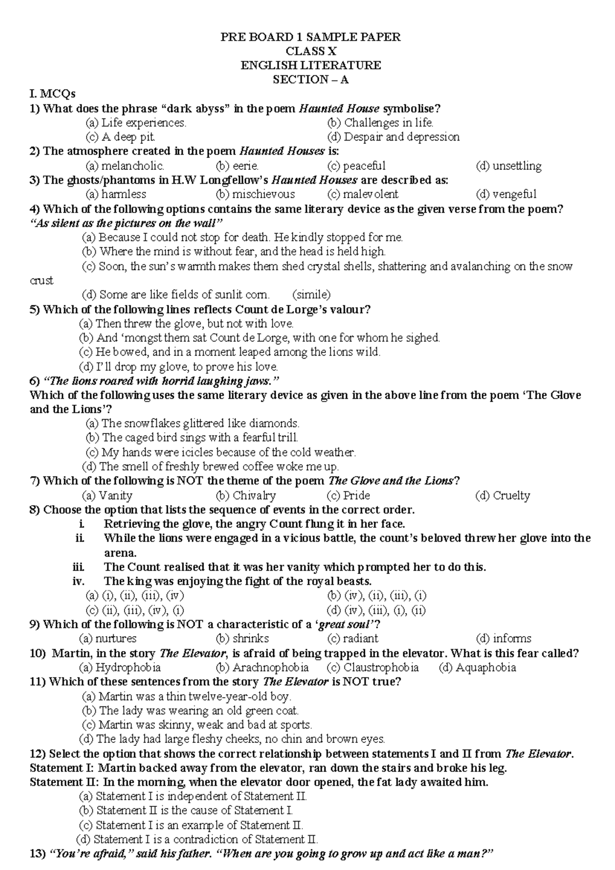 English Literature PRE Board 1 Sample Paper for Class X - Studocu