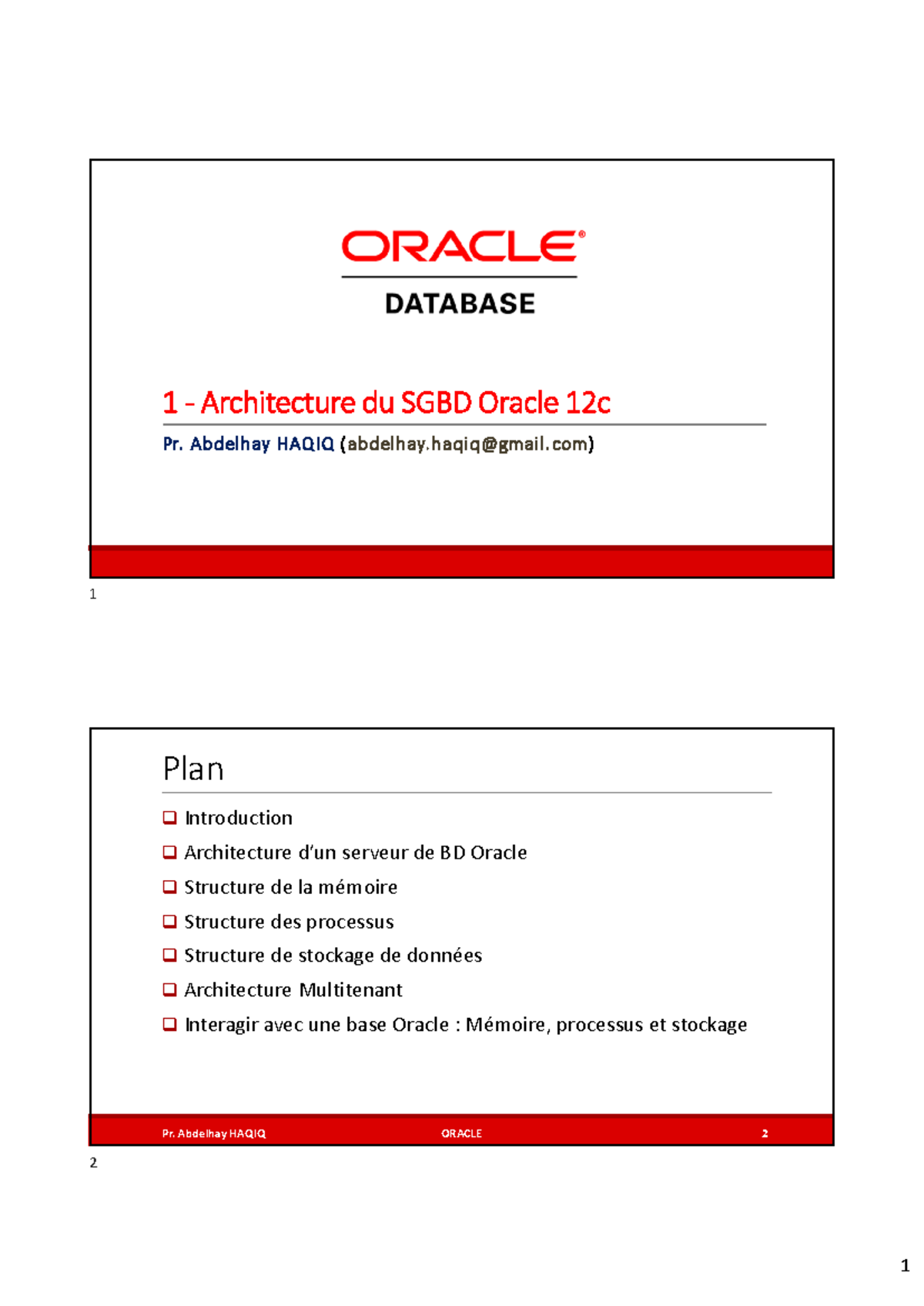 Notes de Cours : Architecture SGBD Oracle 12c - Pr. Haqiq - Studocu