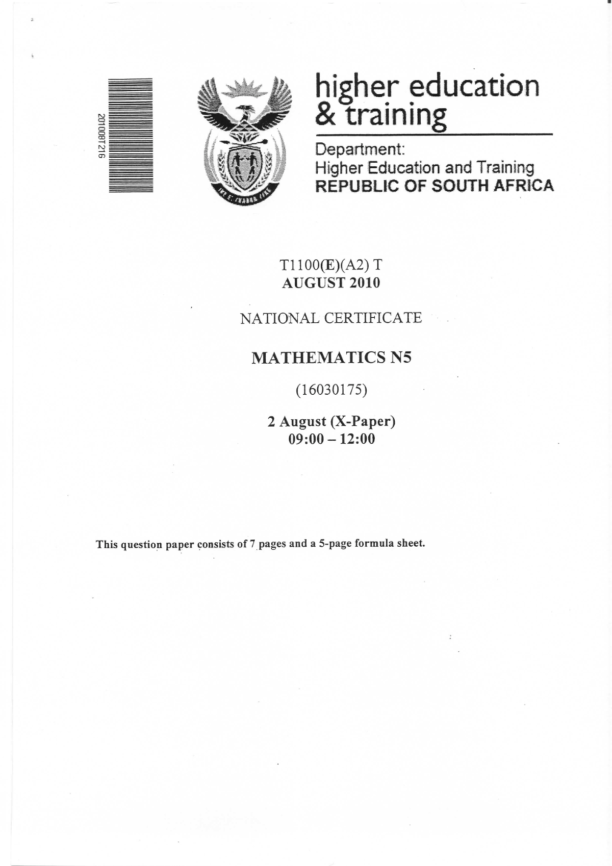 Mathematics N5 (16030175) - August 2010 Past Exam Paper Overview - Studocu