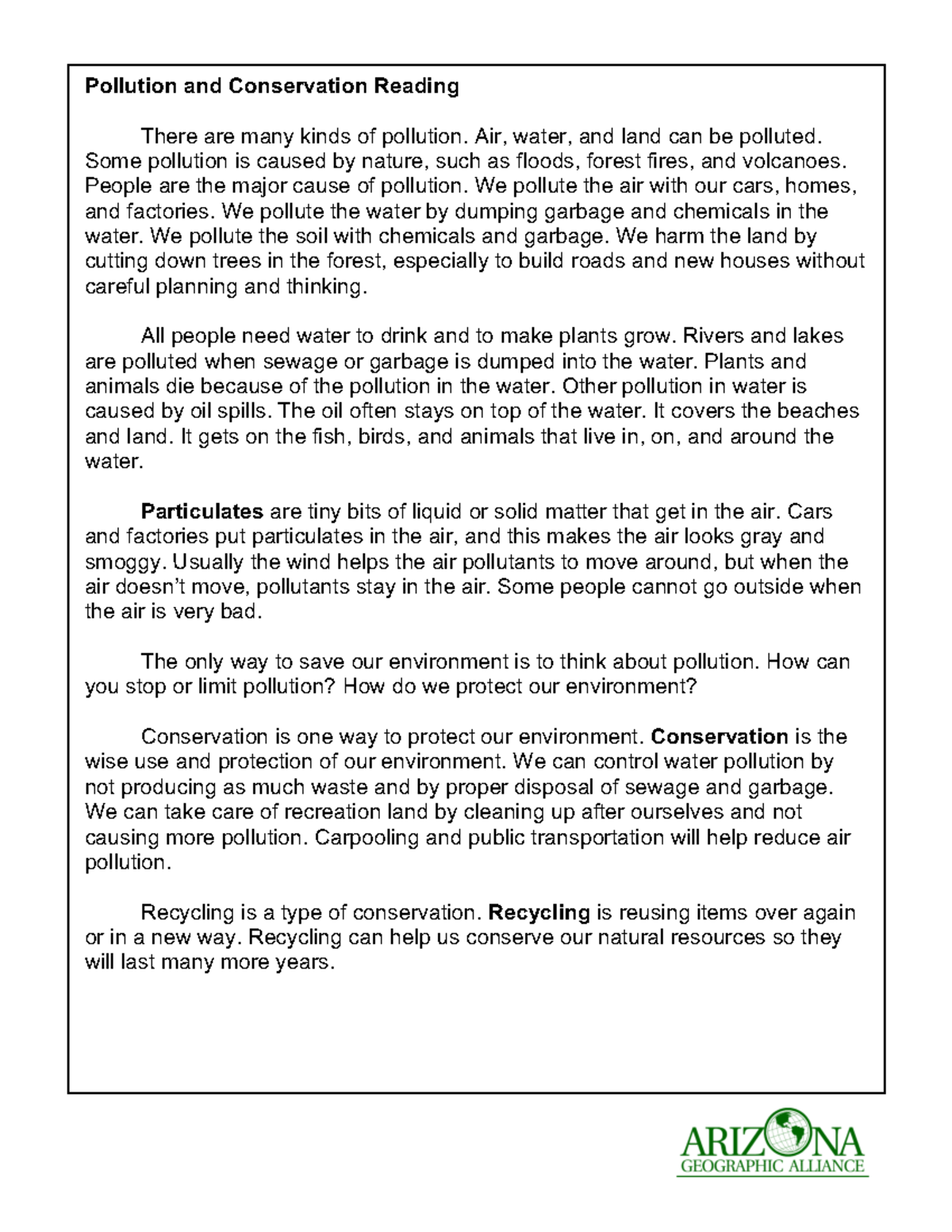 Pollution and Conservation A2 Reading Worksheet and Quiz Guide - Studocu