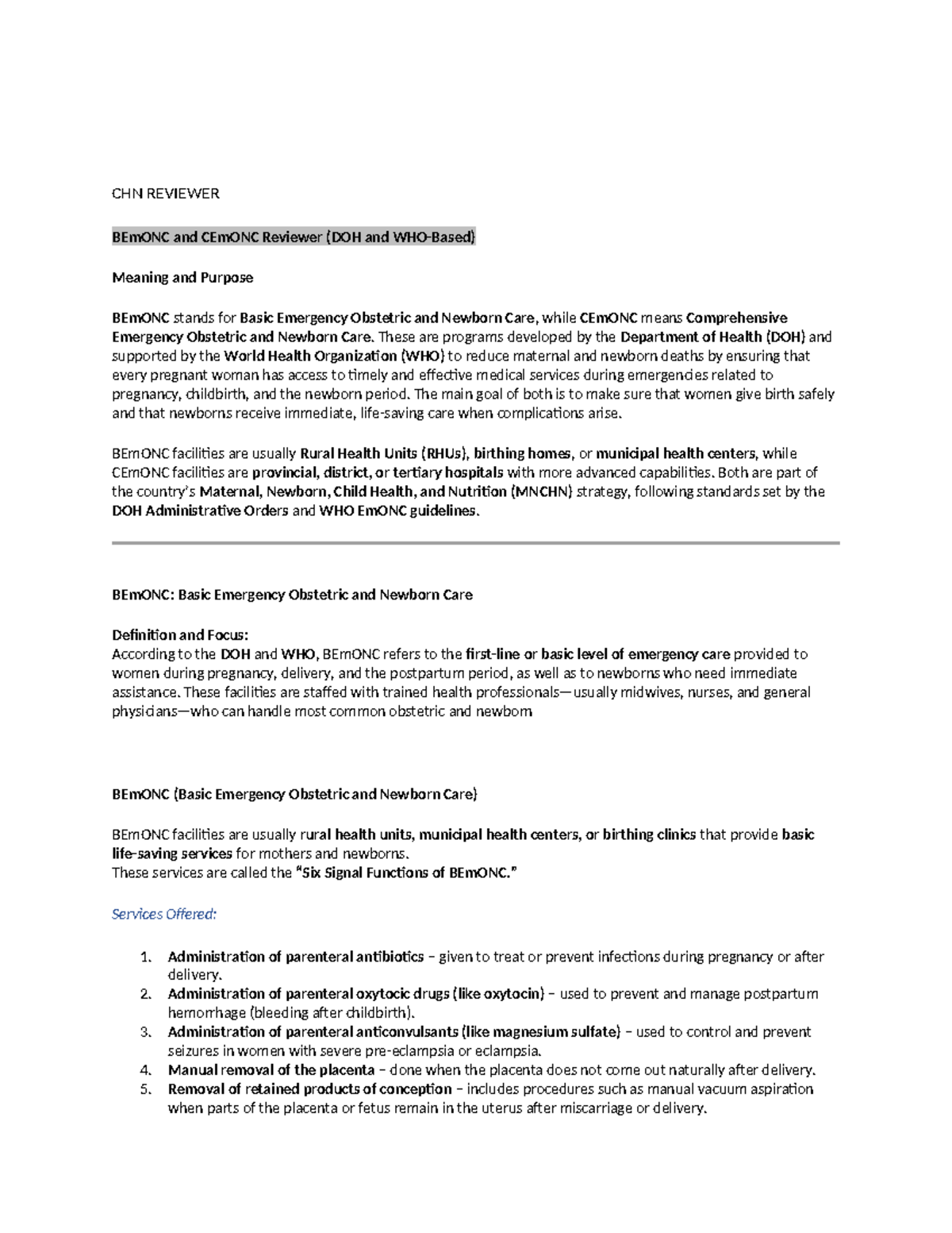 CHN- Reviewer: Overview of BEmONC and CEmONC Programs - Studocu