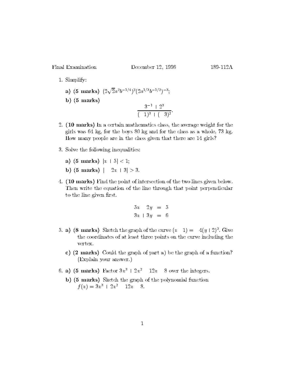 Final Exam Review: Math 112-F1996 - December 12, 1996 - Studocu