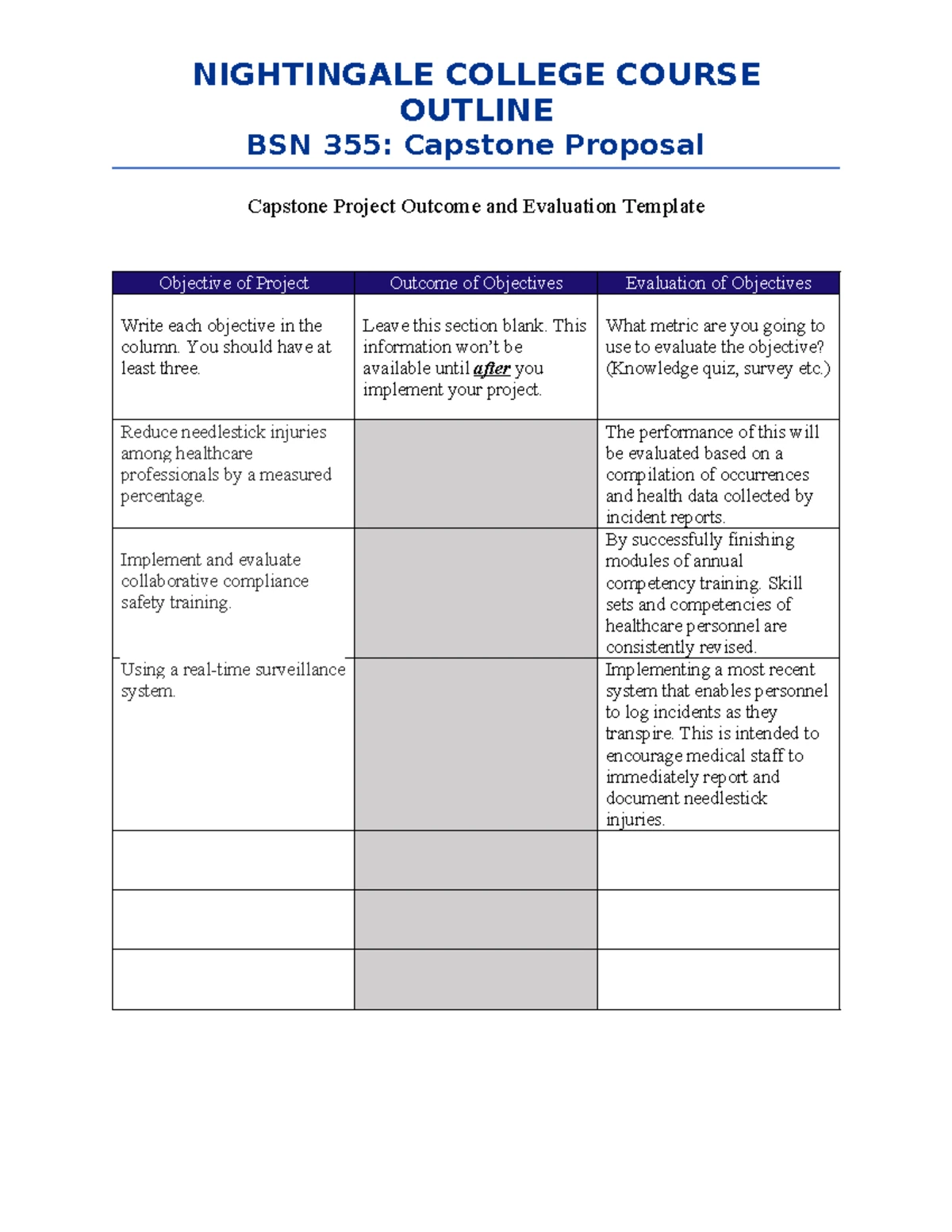 BSN 355 Capstone Project Outcome and Evaluation - NIGHTINGALE COLLEGE ...