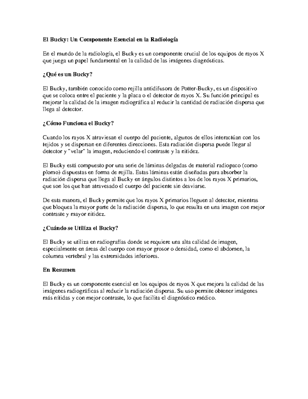 El Bucky: Importancia y Funcionamiento en Radiología Clínica - Studocu