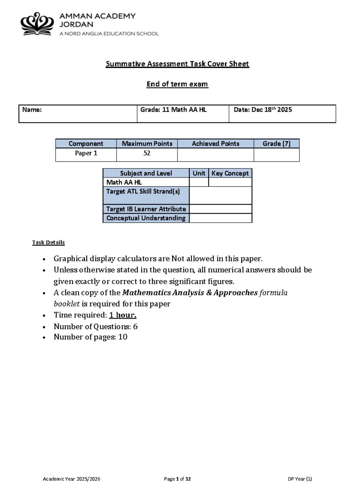 Grade 11 Math AA HL End of Term Exam Paper 1 Answers - Studocu